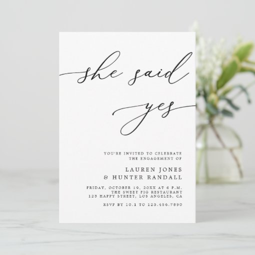 Elegant Calligraphy She Said Yes Engagement Party Invitation | Zazzle