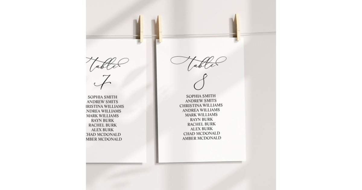 Elegant Calligraphy Table Number 8 Seating Chart | Zazzle