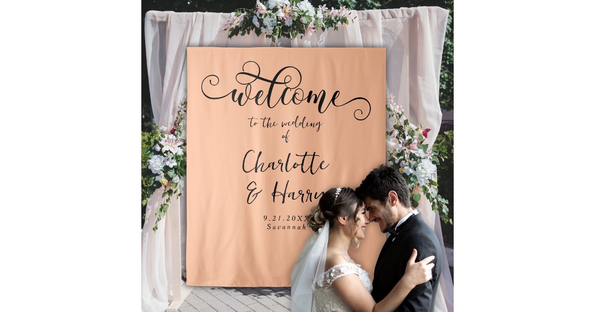 Elegant Calligraphy Trendy Peach Wedding Backdrop | Zazzle