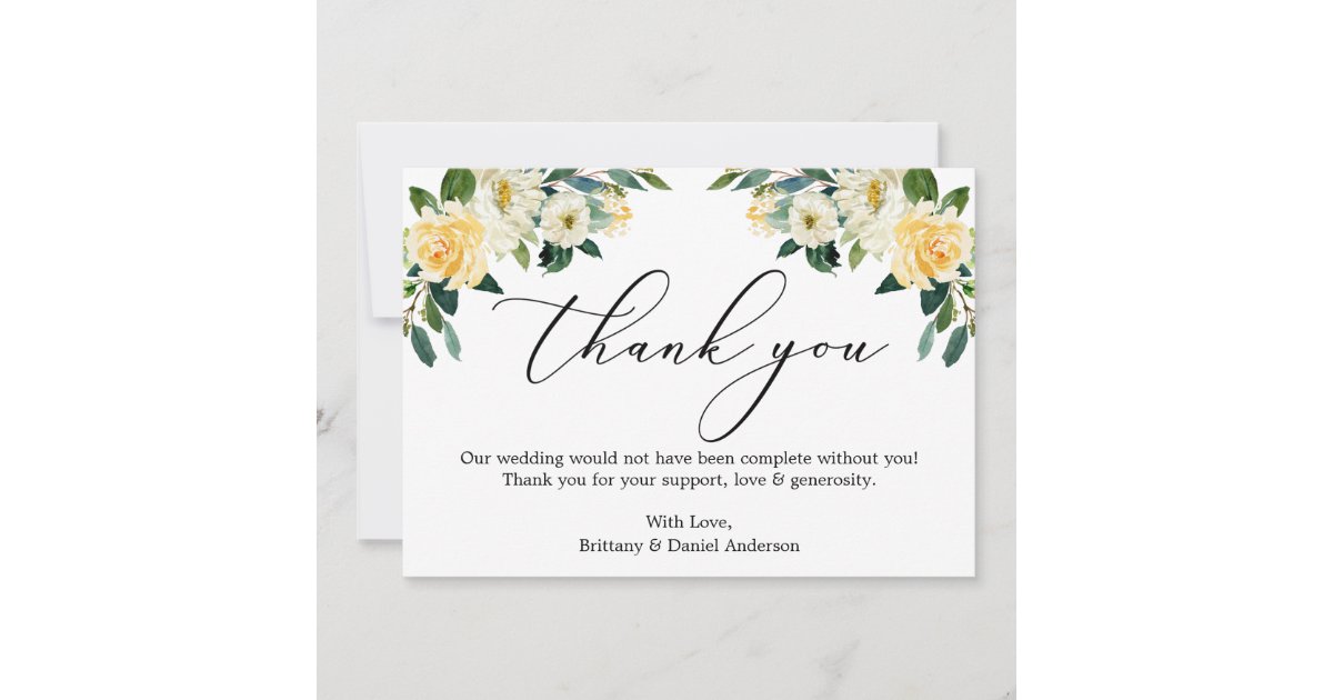 Elegant Calligraphy Watercolor Yellow White Floral Thank You Card | Zazzle