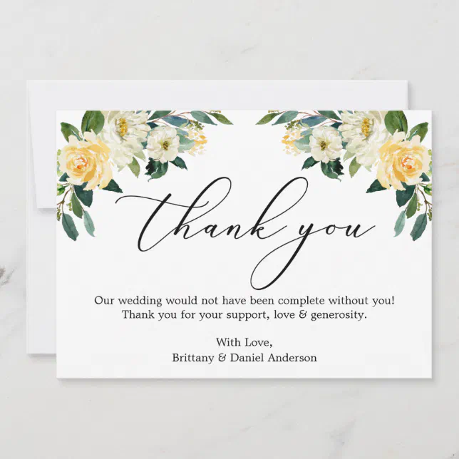Elegant Calligraphy Watercolor Yellow White Floral Thank You Card | Zazzle