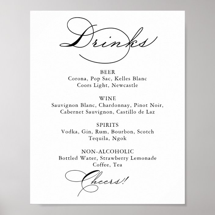 Elegant Calligraphy Wedding Drinks Menu Sign | Zazzle