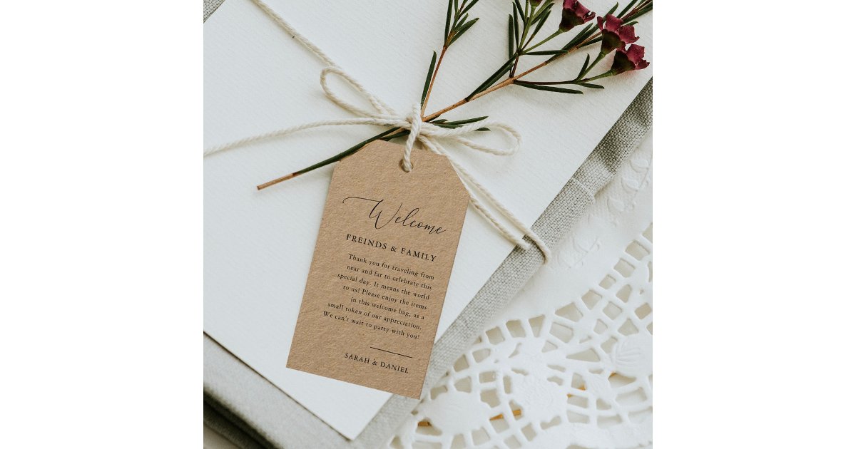 Elegant Calligraphy Wedding Kraft Welcome Bag Tags | Zazzle