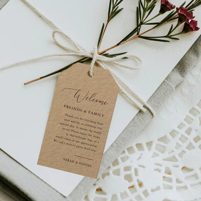 Elegant Calligraphy Wedding Kraft Welcome Bag Tags | Zazzle