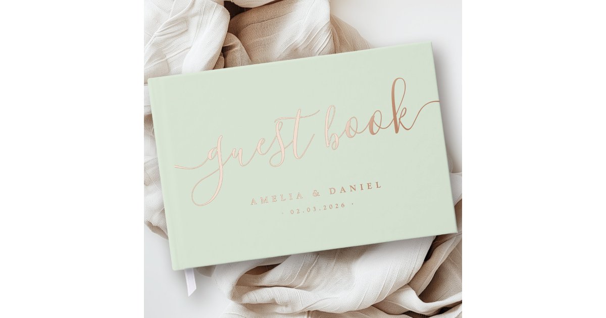 Elegant calligraphy wedding light sage green foil guest book | Zazzle