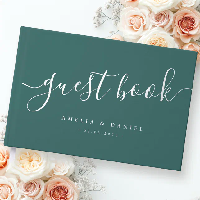 Elegant calligraphy wedding pine green foil guest book | Zazzle