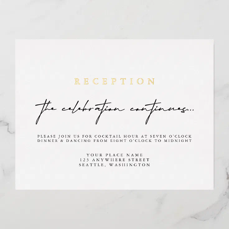 Elegant Calligraphy Wedding Reception Foil Card | Zazzle
