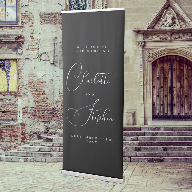 Elegant Calligraphy Wedding Welcome Black & White Retractable Banner ...