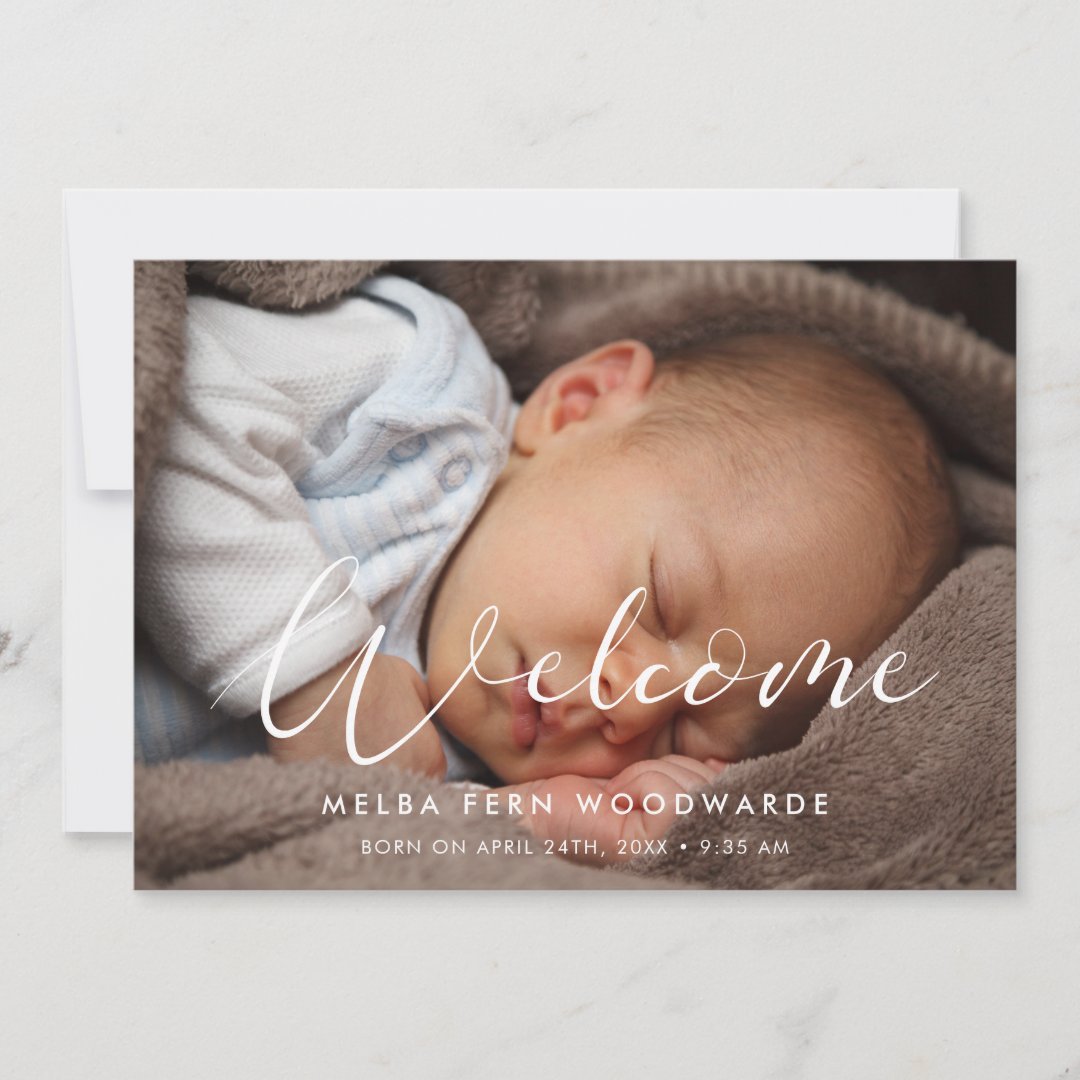 Elegant calligraphy Welcome baby photo Announcement | Zazzle