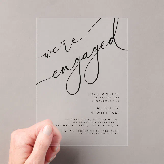 Elegant Calligraphy We're Engaged Engagement Party Acrylic Invitations ...