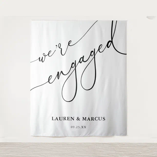 Elegant Calligraphy We're Engaged Engagement Party Tapestry | Zazzle