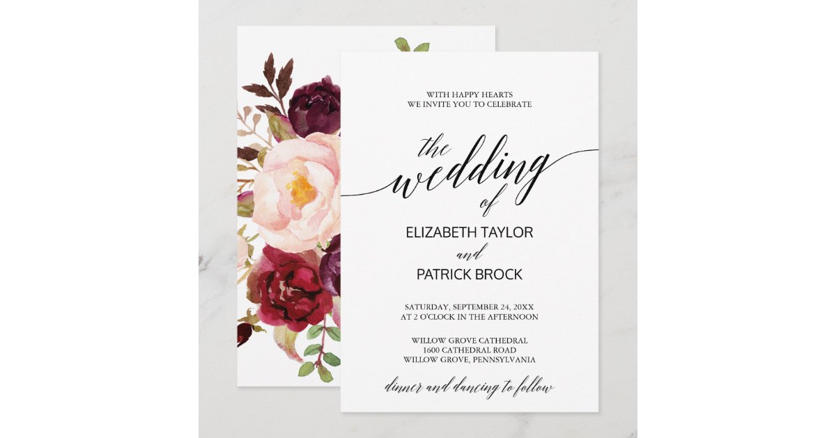 Elegant Calligraphy with Floral Backing Wedding Invitation | Zazzle