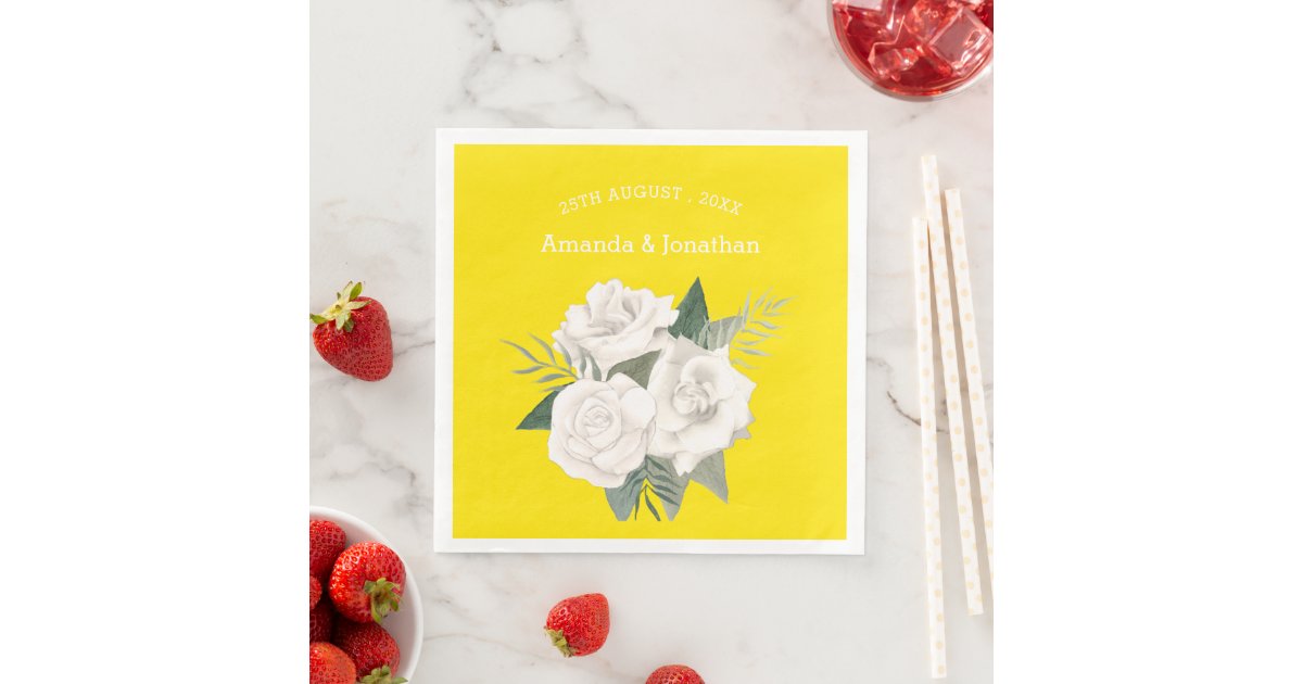 Elegant Canary Yellow and White Roses Wedding Paper Dinner Napkins | Zazzle