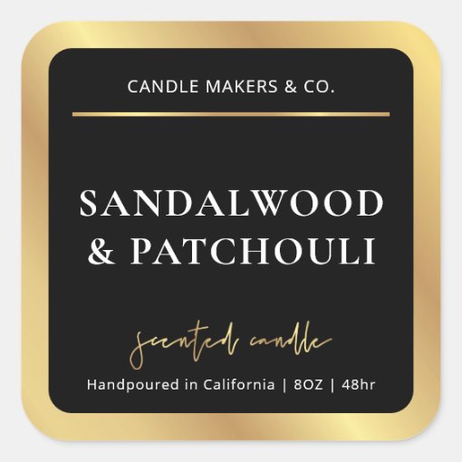 Elegant Candle Square Label Black & Gold Script | Zazzle