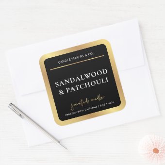 Elegant Candle Square Label Black & Gold Script | Zazzle