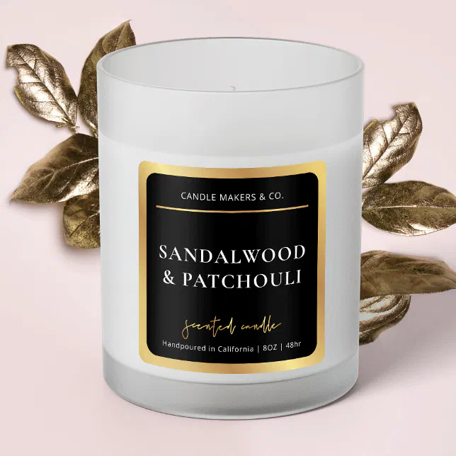 Elegant Candle Square Label Black & Gold Script | Zazzle