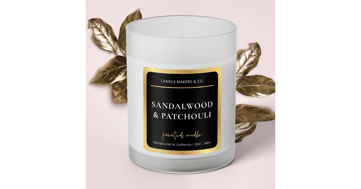 Elegant Candle Square Label Black & Gold Script | Zazzle