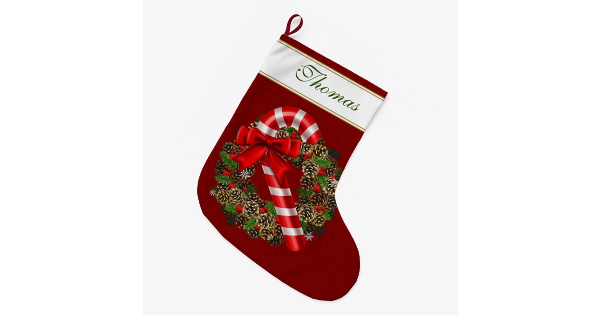 Elegant Candy Cane Red Ribbon Custom Monogram Large Christmas Stocking ...
