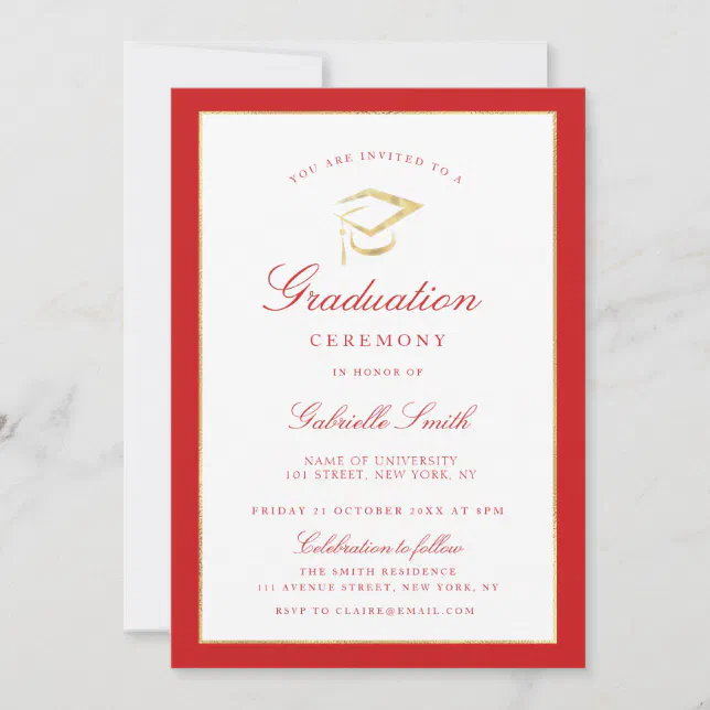 Elegant cap red graduation ceremony invitation | Zazzle