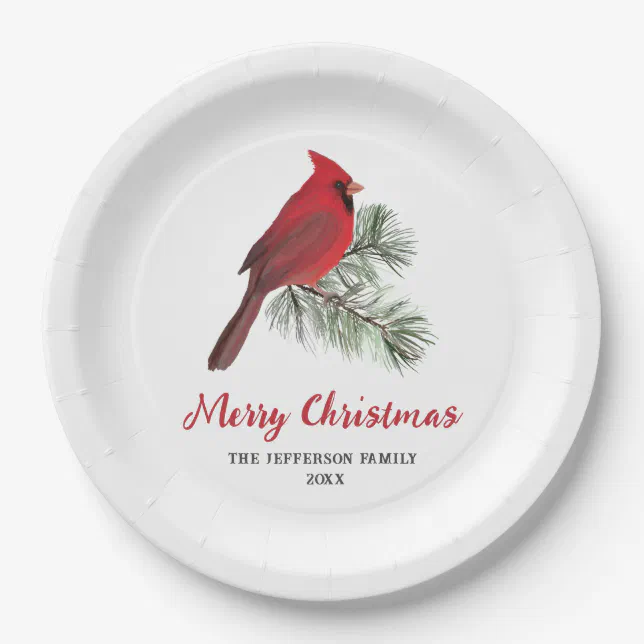 Elegant Cardinal Bird on Christmas Pine Monogram Paper Plates | Zazzle