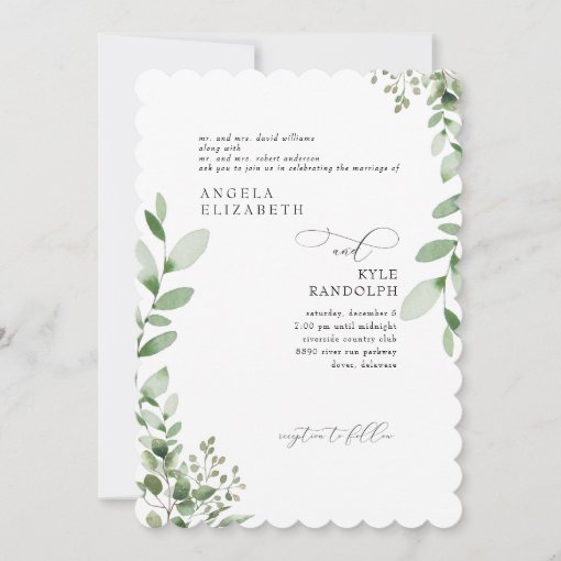 Elegant Cascading Greenery Wedding Scalloped Invitation | Zazzle
