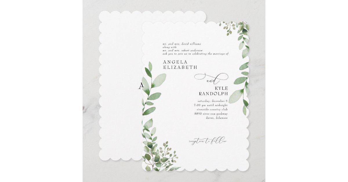 Elegant Cascading Greenery Wedding Scalloped Invitation | Zazzle
