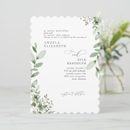 Elegant Cascading Greenery Wedding Scalloped Invitation | Zazzle