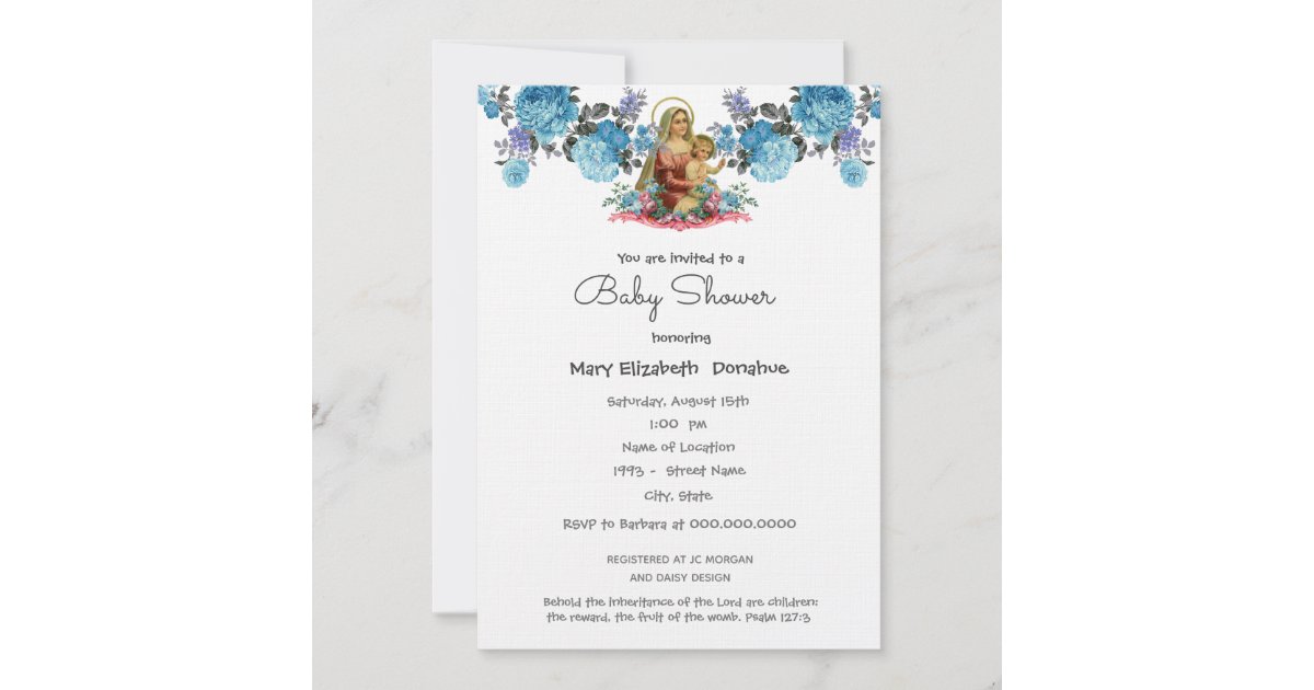 Elegant Catholic Baby Shower Blue Invitation | Zazzle