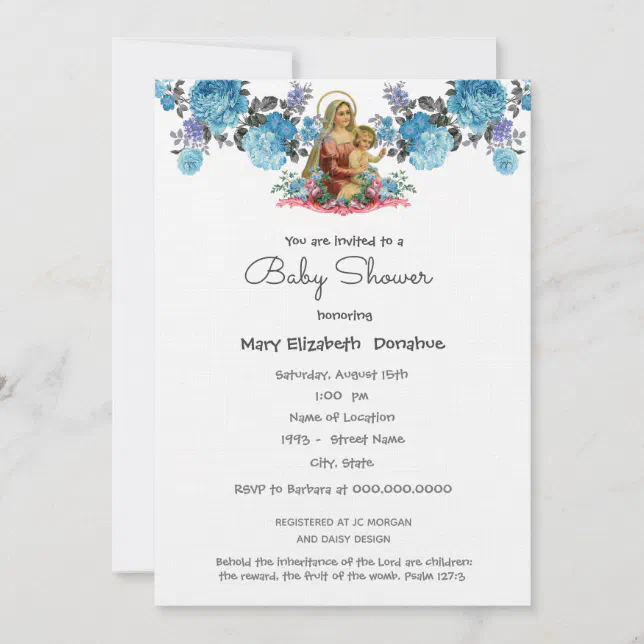 Elegant Catholic Baby Shower Blue Invitation | Zazzle