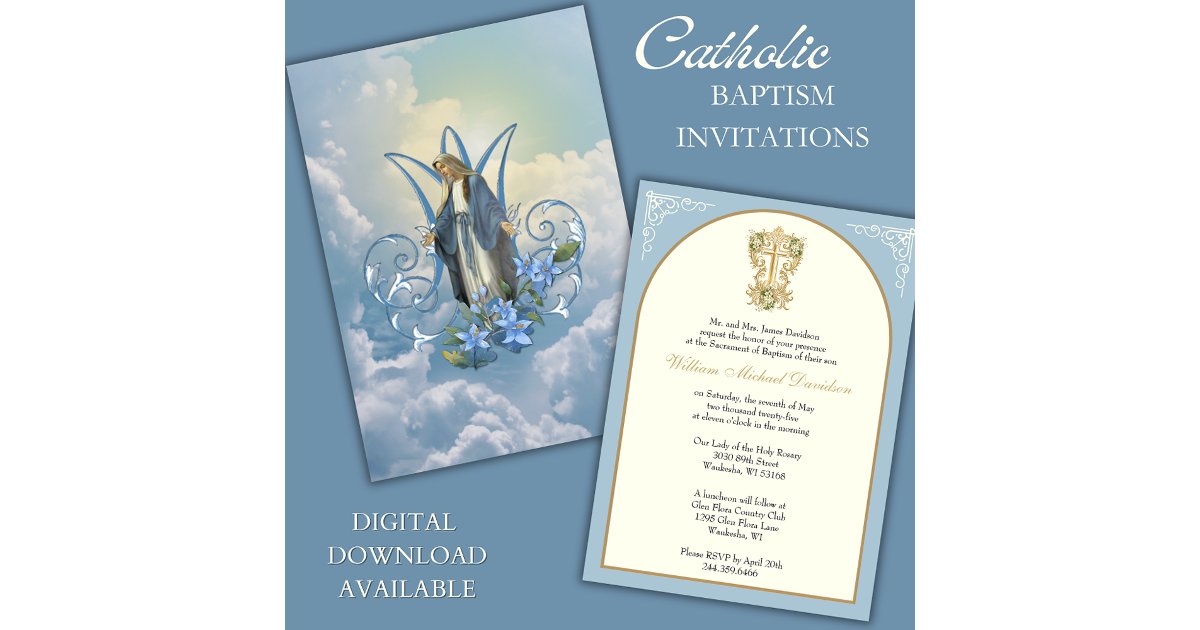 Elegant Catholic Baptism Mary Blue Floral Invitation | Zazzle