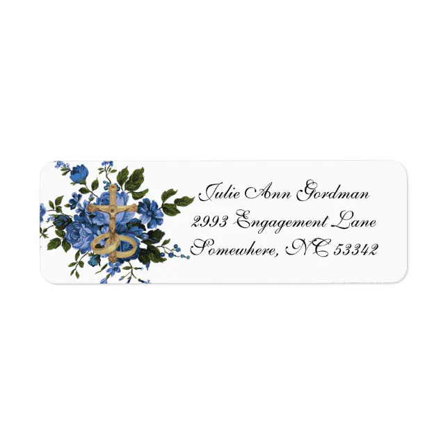 Elegant Catholic Blue Roses Wedding Label | Zazzle