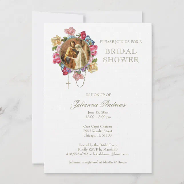 Elegant Catholic Bridal Shower Roses Rosary Invitation | Zazzle