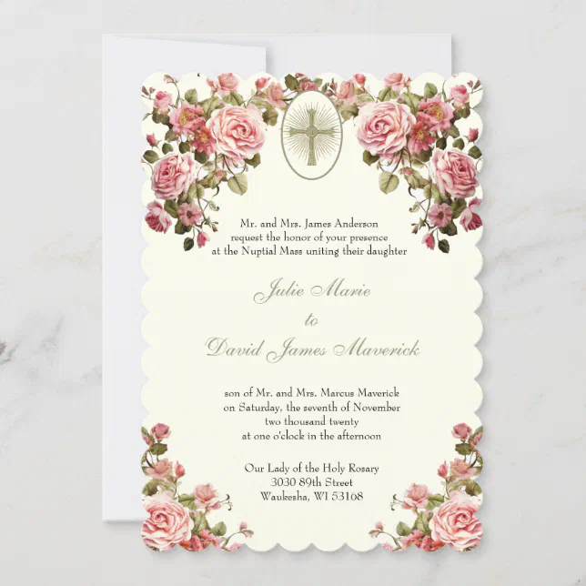 Elegant Catholic Floral Wedding and Reception Invitation | Zazzle