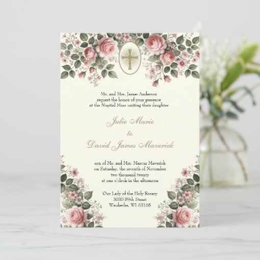 Elegant Catholic Floral Wedding and Reception Invitation | Zazzle