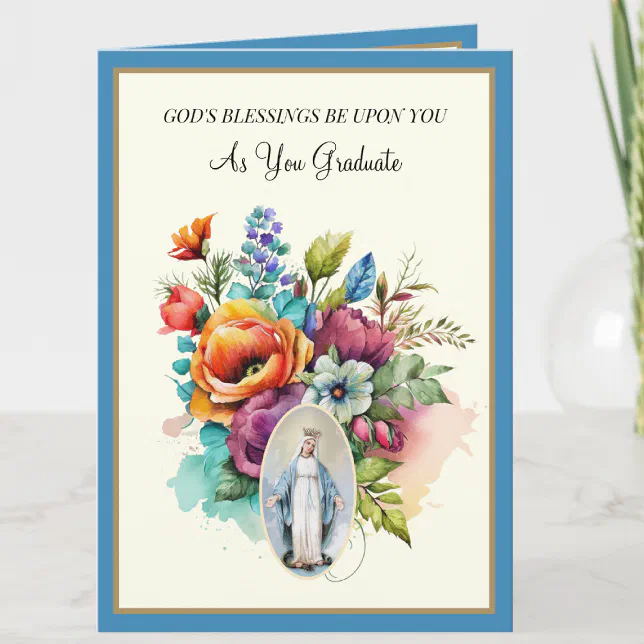Elegant Catholic Graduation Virgin Mary Flowers Card | Zazzle