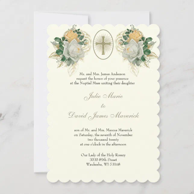 Elegant Catholic Roses Wedding and Reception Invitation | Zazzle