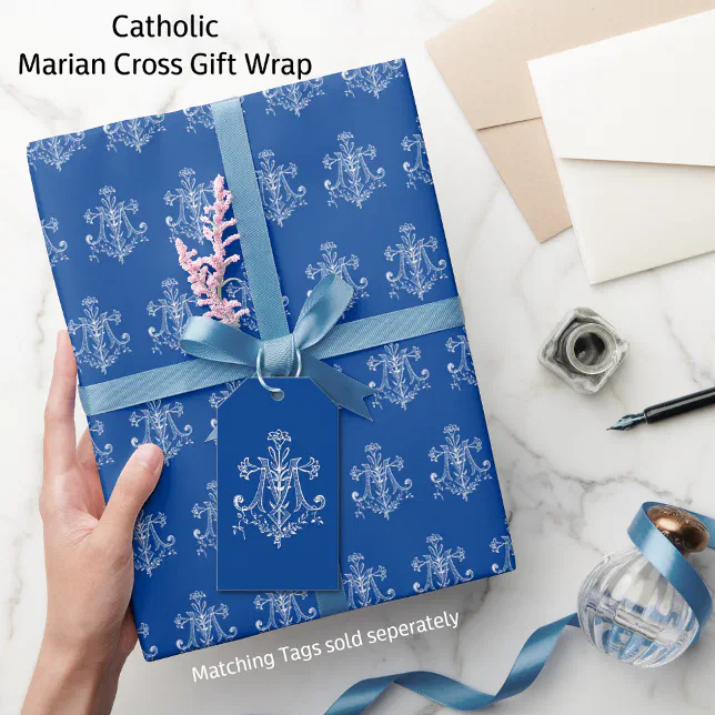 Elegant Catholic Virgin Mary White Marian Cross Wrapping Paper | Zazzle