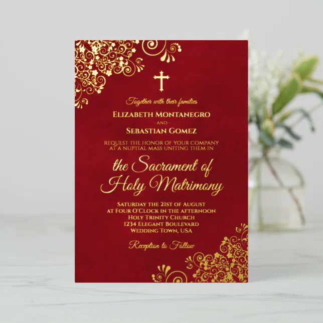 Elegant Catholic Wedding Crimson Red & Gold Foil Invitation | Zazzle