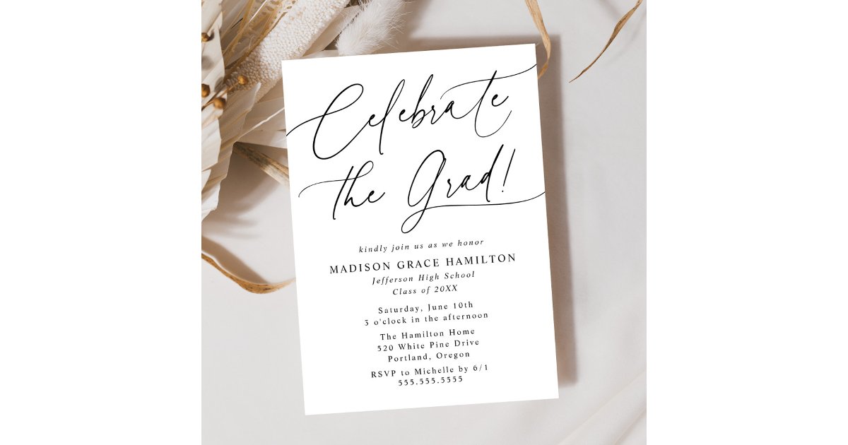 Elegant Celebrate the Grad Black Script Graduation Invitation | Zazzle