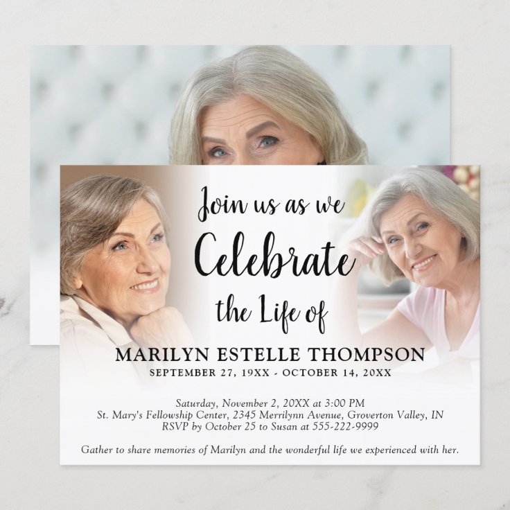 Elegant Celebration of Life 3 Photos Memorial Invi Invitation | Zazzle