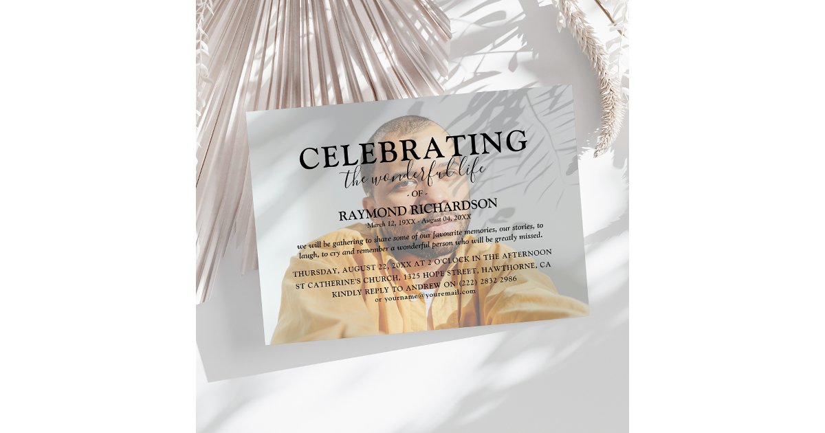 Elegant Celebration of Life Photo Overlay Funeral Invitation | Zazzle