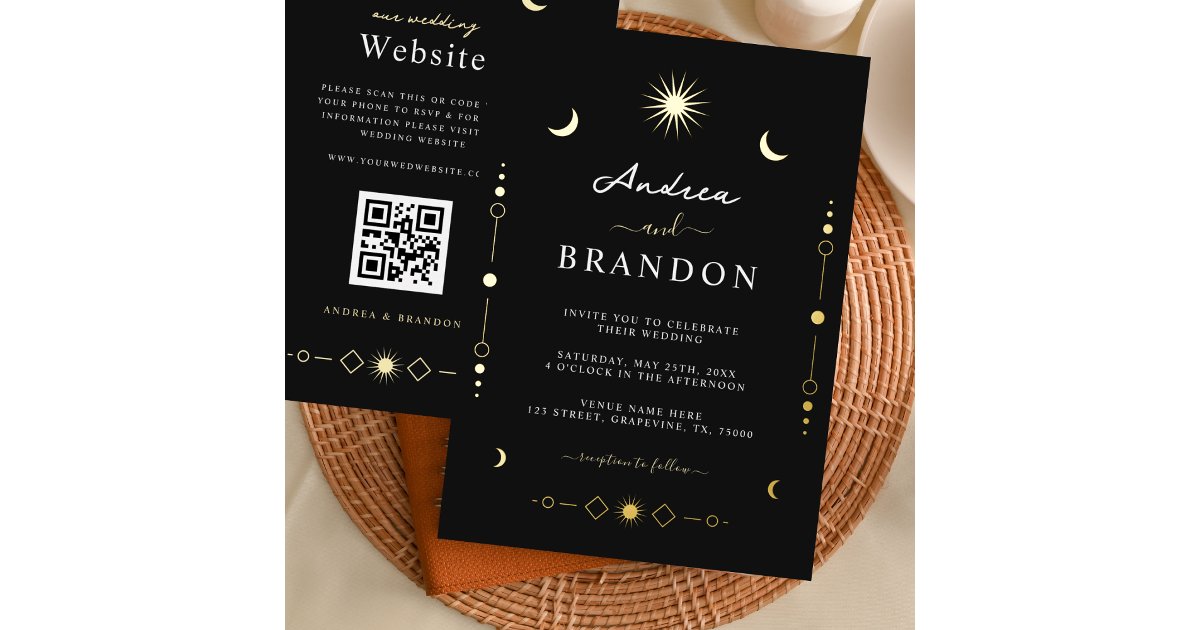 Elegant Celestial Gold Moon & Sun QR Code Wedding Foil Invitation | Zazzle