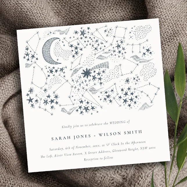 Elegant Celestial Navy Starry Night Moon Wedding Invitation | Zazzle