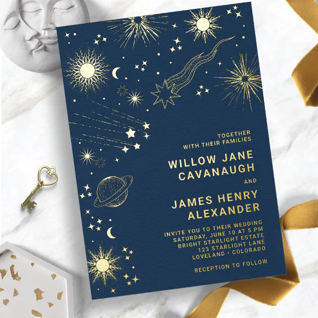 Elegant Celestial Wedding Foil Invitation | Zazzle