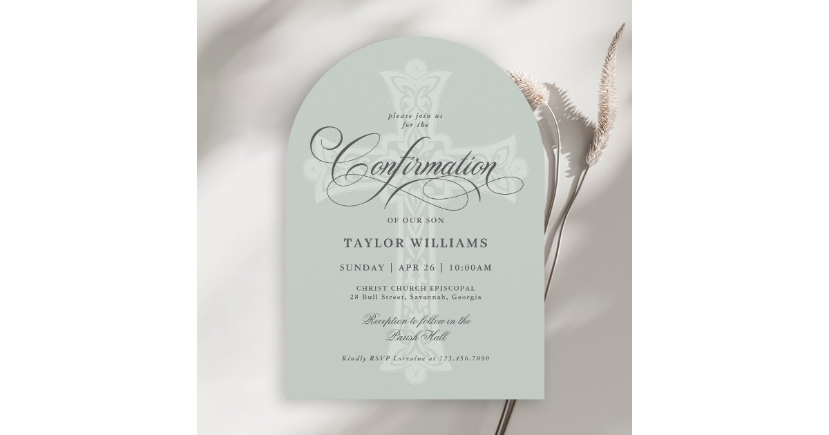 Elegant Celtic Cross Sage Religious Confirmation Invitation | Zazzle