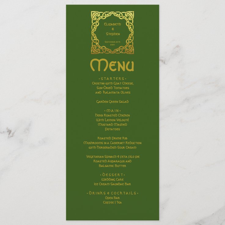 Elegant Celtic Wedding Green Faux Gold Celtic Knot Menu | Zazzle