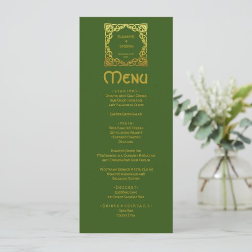 Elegant Celtic Wedding Green Faux Gold Celtic Knot Menu | Zazzle