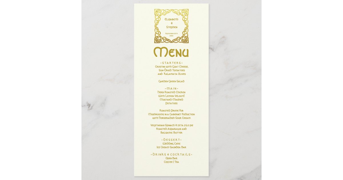 Elegant Celtic Wedding Ivory Faux Gold Celtic Knot Menu | Zazzle