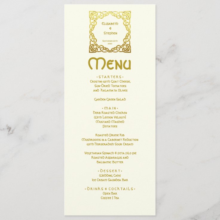 Elegant Celtic Wedding Ivory Faux Gold Celtic Knot Menu | Zazzle