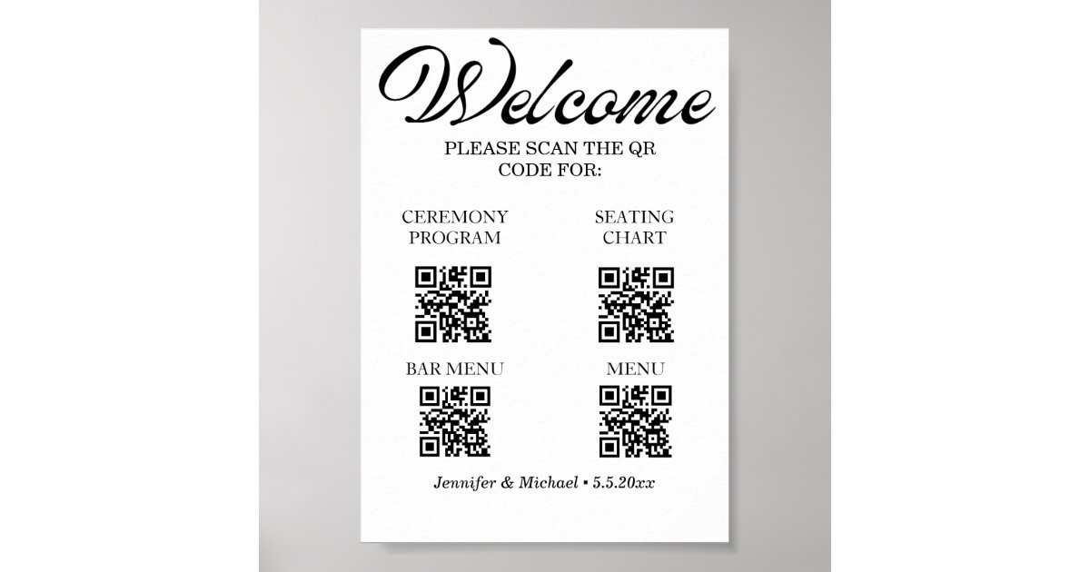 elegant ceremony&seating chart&bar&menu qr code poster | Zazzle
